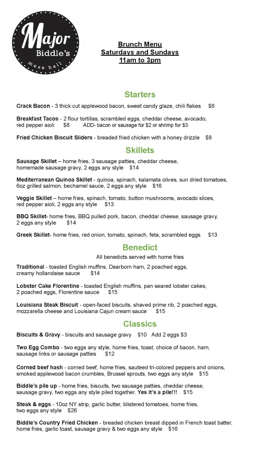 Menu – Major Biddles